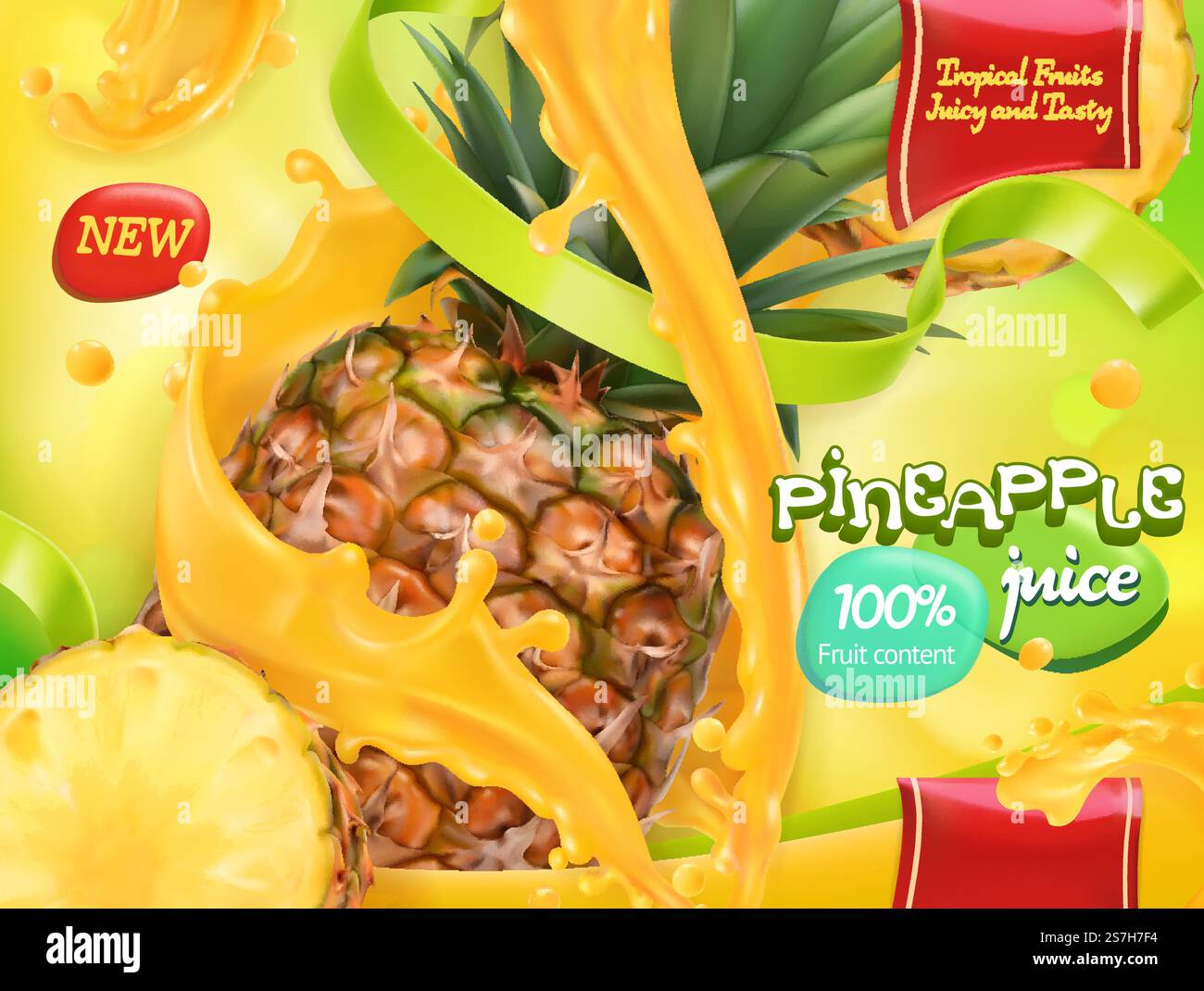 Pineapple juice. Sweet tropical fruits. 3d realistic vector, package design Stock Vector Image ...