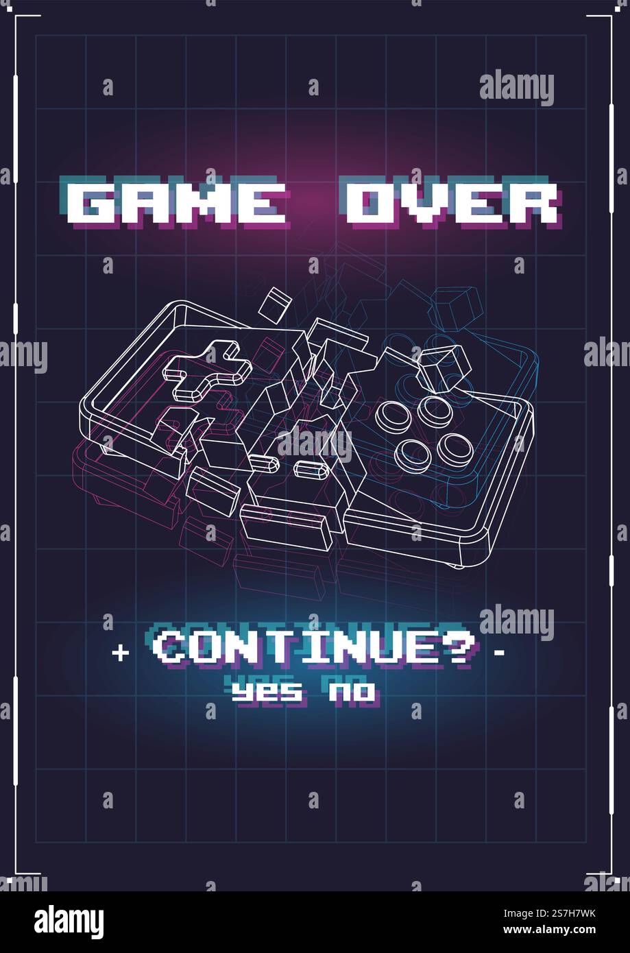 Game Over poster with lowpoly elements. Broken game controller ...