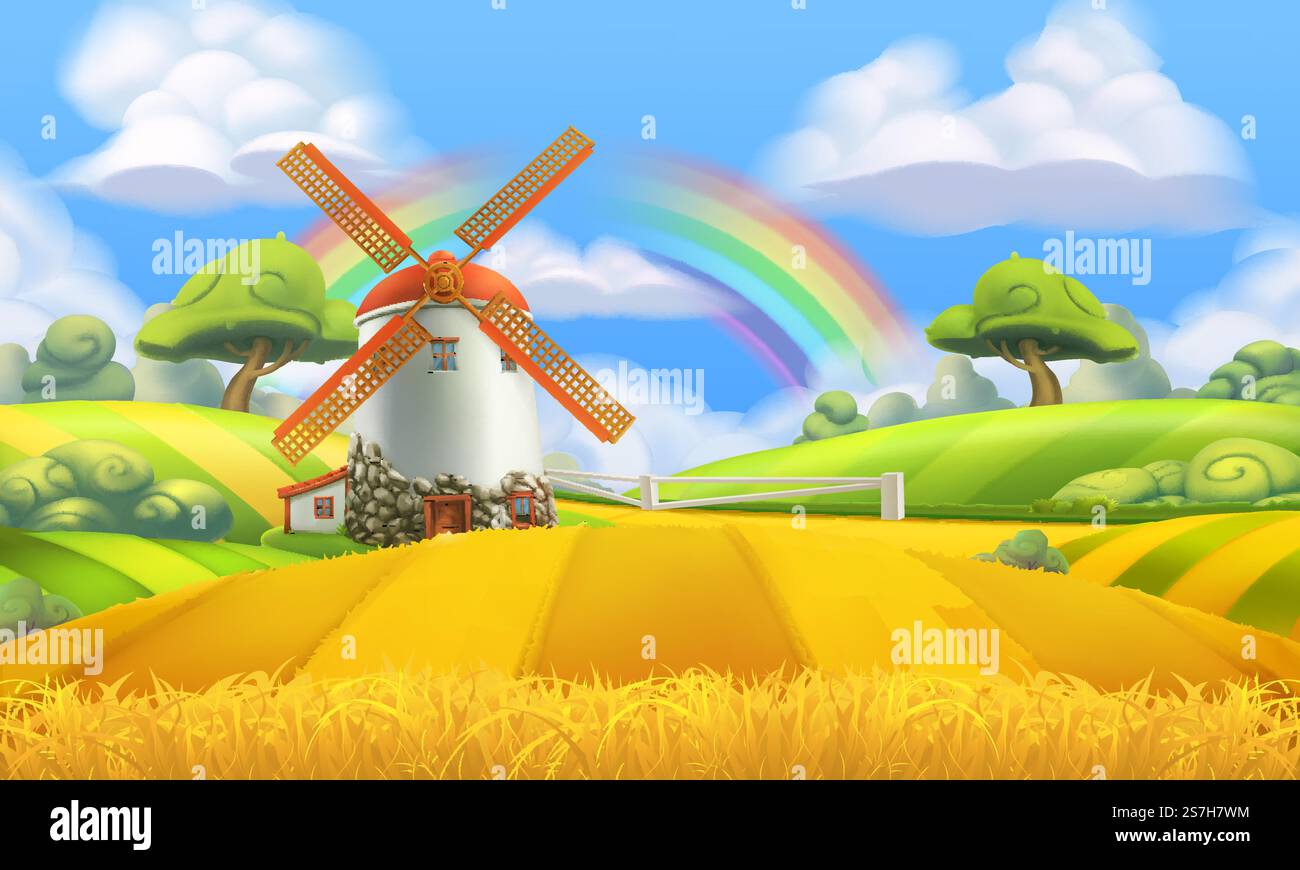 Nature landscape. Farm and mill. 3d vector background Stock Vector ...