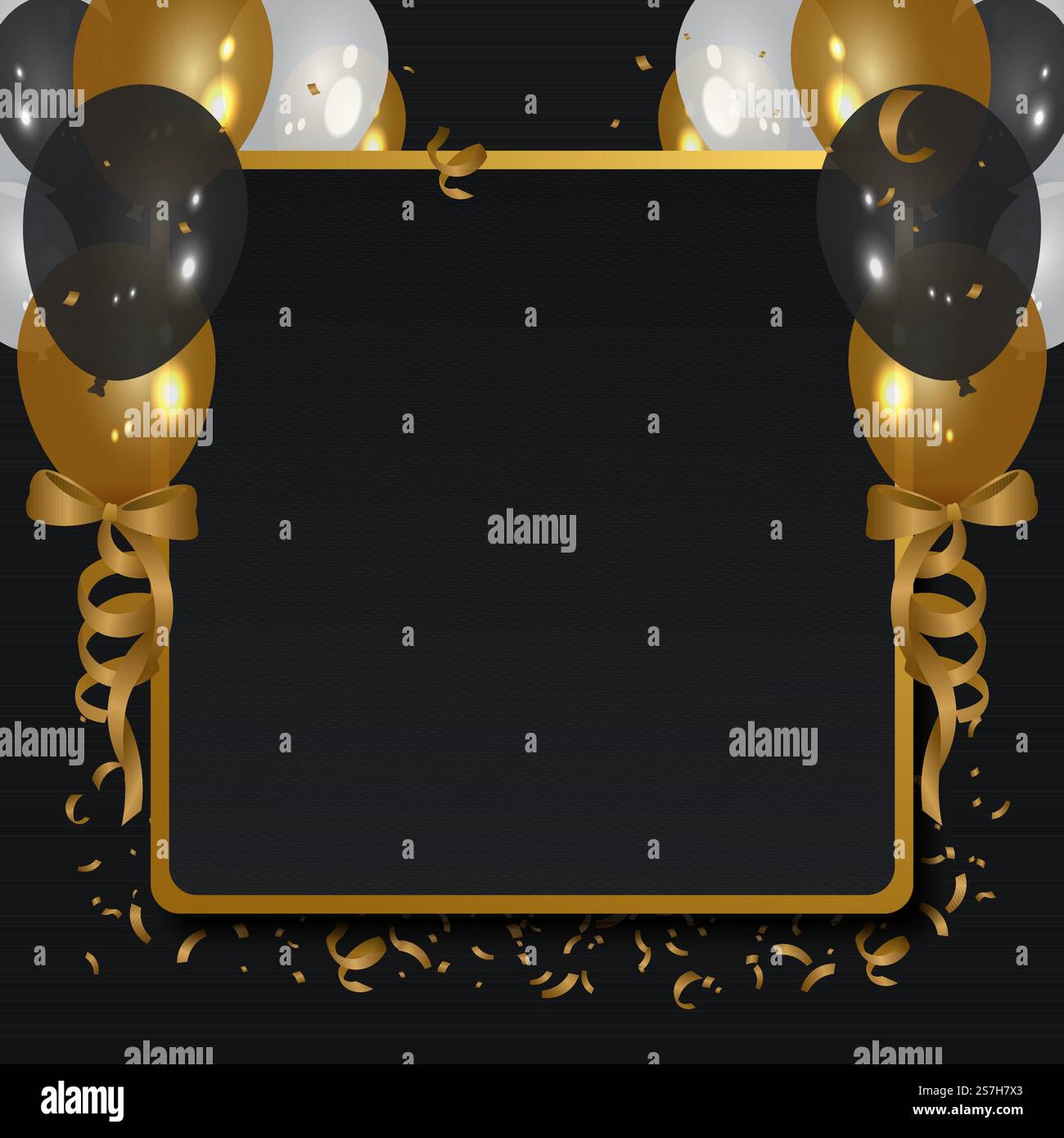 Golden frame with balloons and ribbons for birthday celebration ...