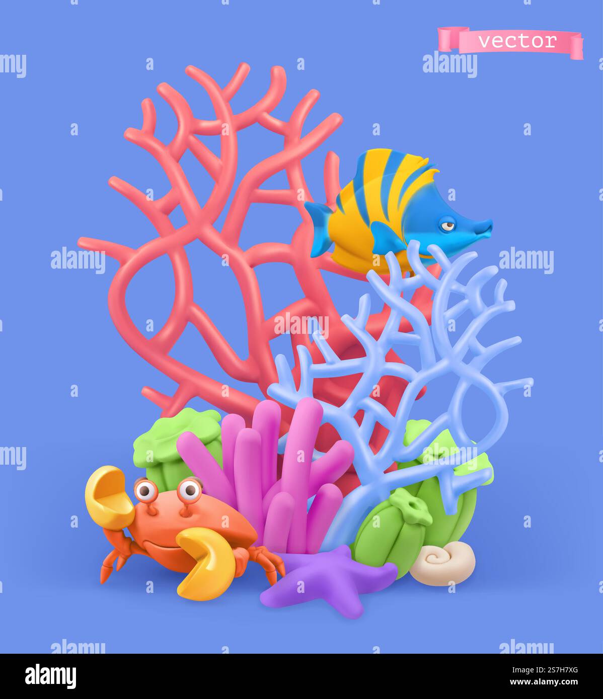 Coral reef and fish. 3d vector cartoon illustration. Plasticine art ...