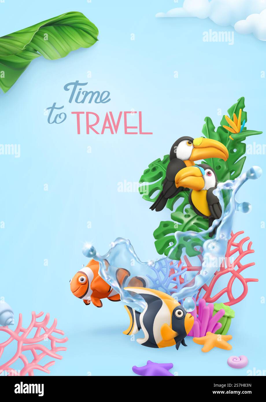 Time to travel background. 3d vector realistic illustration. Tropical ...