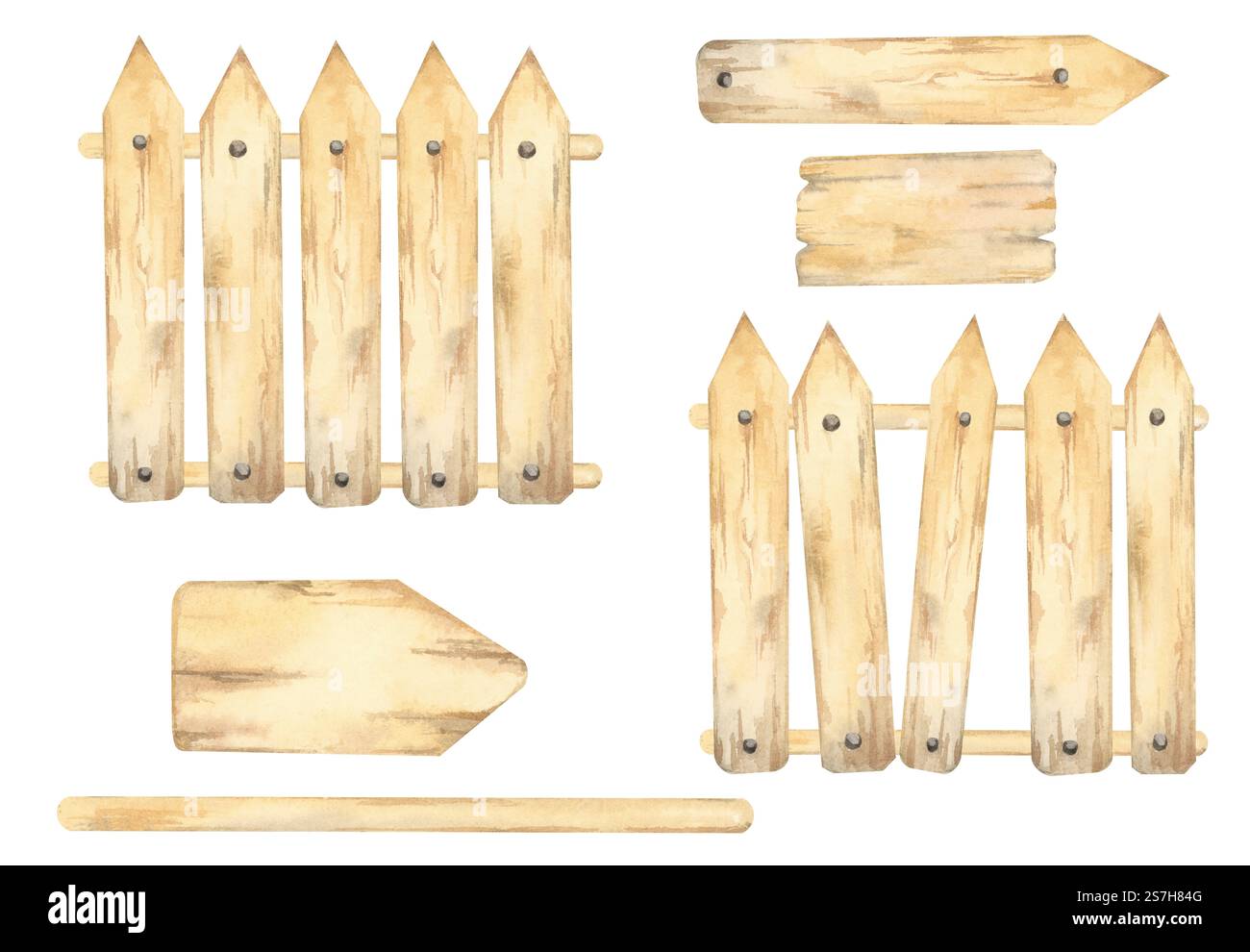 Wooden picket fence parts. Sign board and pointers set. Watercolor ...