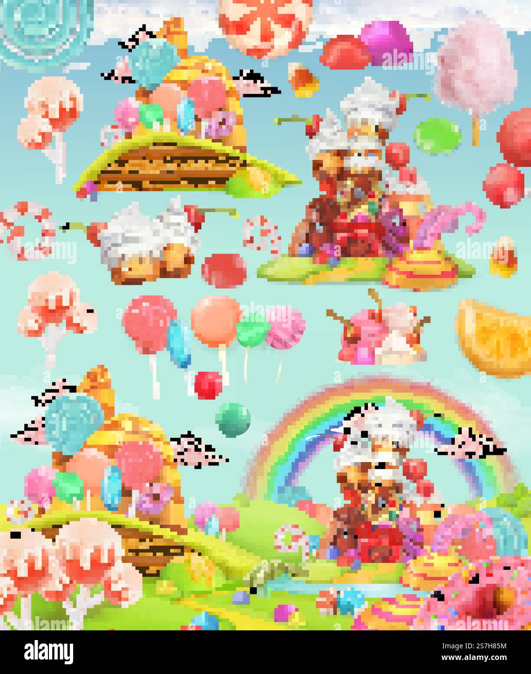 Sweet candy land. Cartoon game background. 3d vector icon set Stock ...