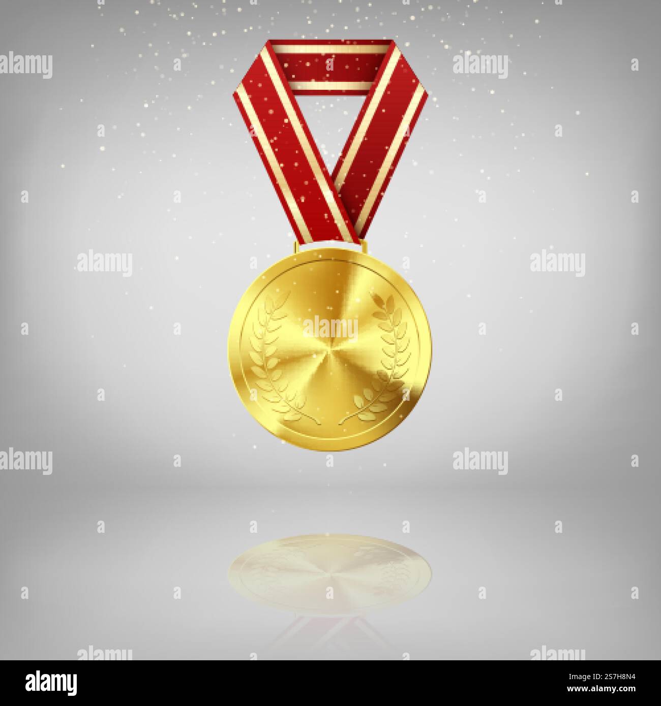 Golden medal with laurel and red ribbon. Gold award symbol of victory ...