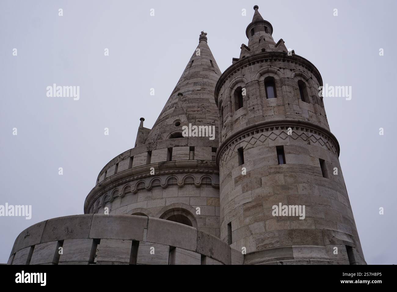 Close up detail of a historic gothic castle spire of Fisherman's ...