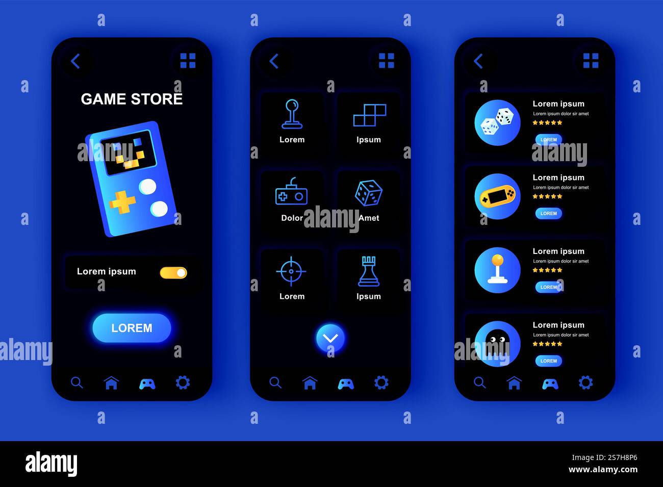 Game store unique neomorphic design kit. Computer video games, game accessories for smartphones ...