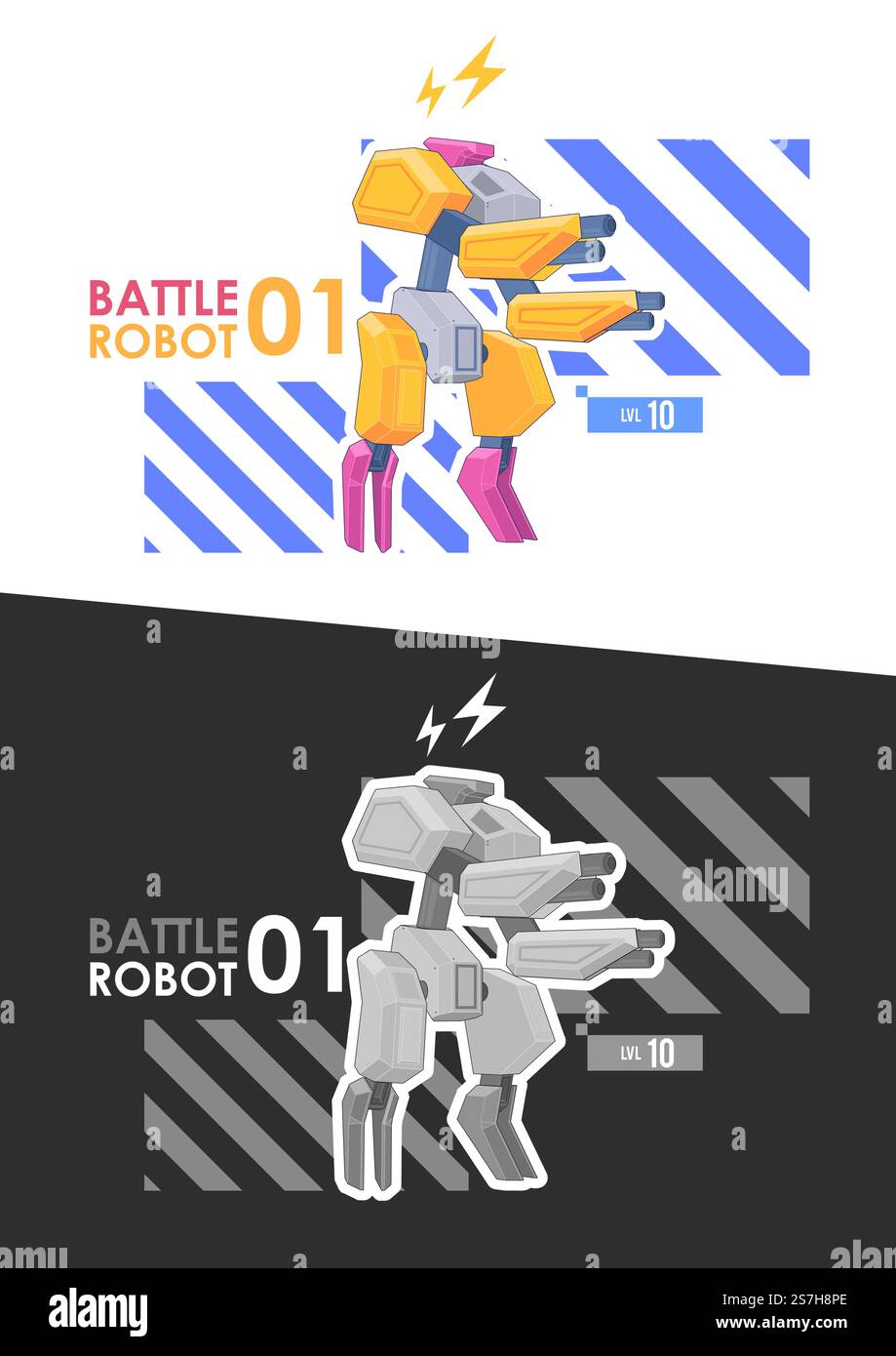 Robot warrior. Battle robot holding blaster or machine gun, comic style ...