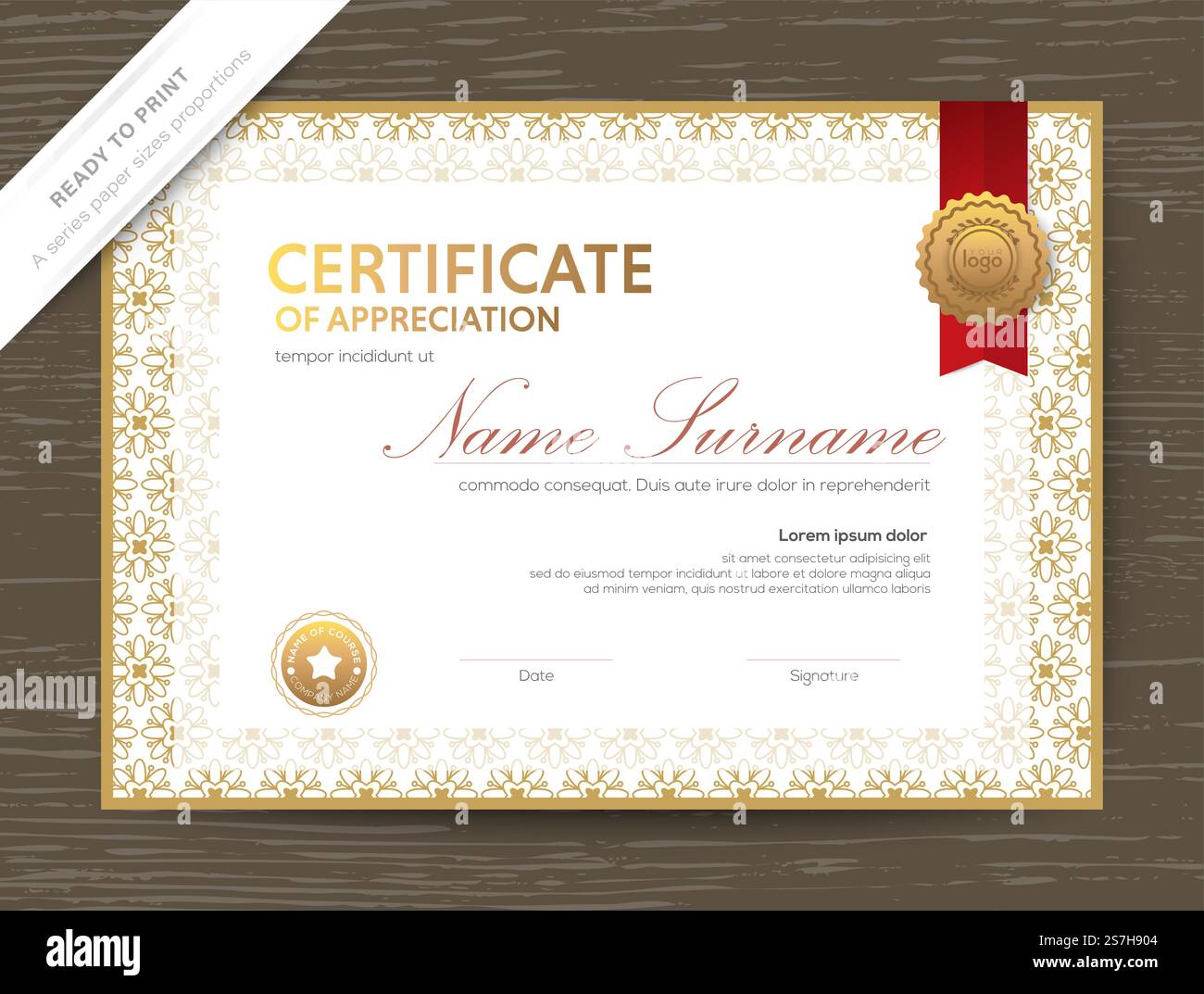 Gold Certificate award diploma template with classic floral border and ...