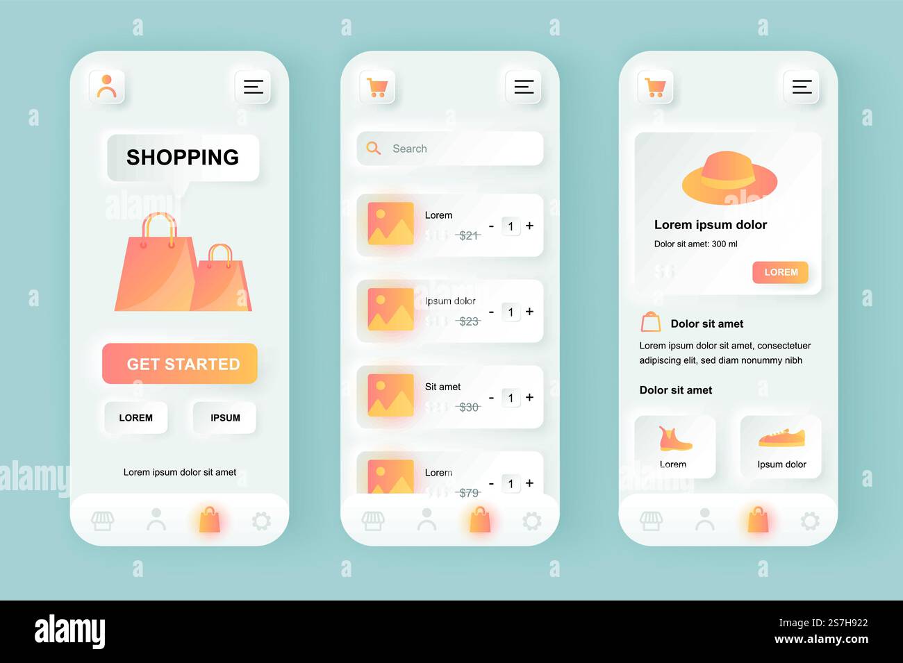 Online shopping unique neomorphic design kit. Shopping app with product ...