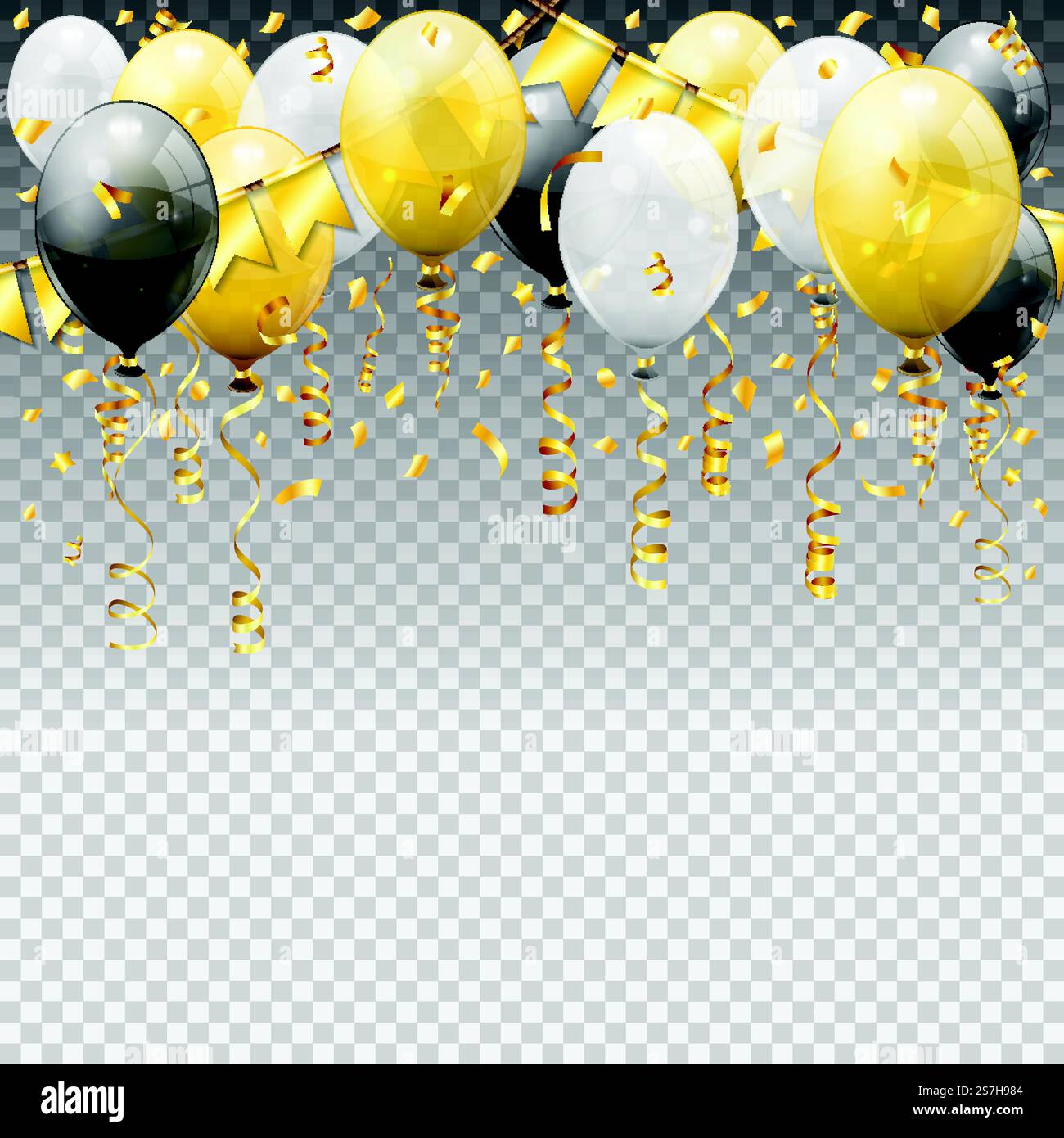 Birthday with balloons, golden streamer twisted ribbons flags. birthday ...