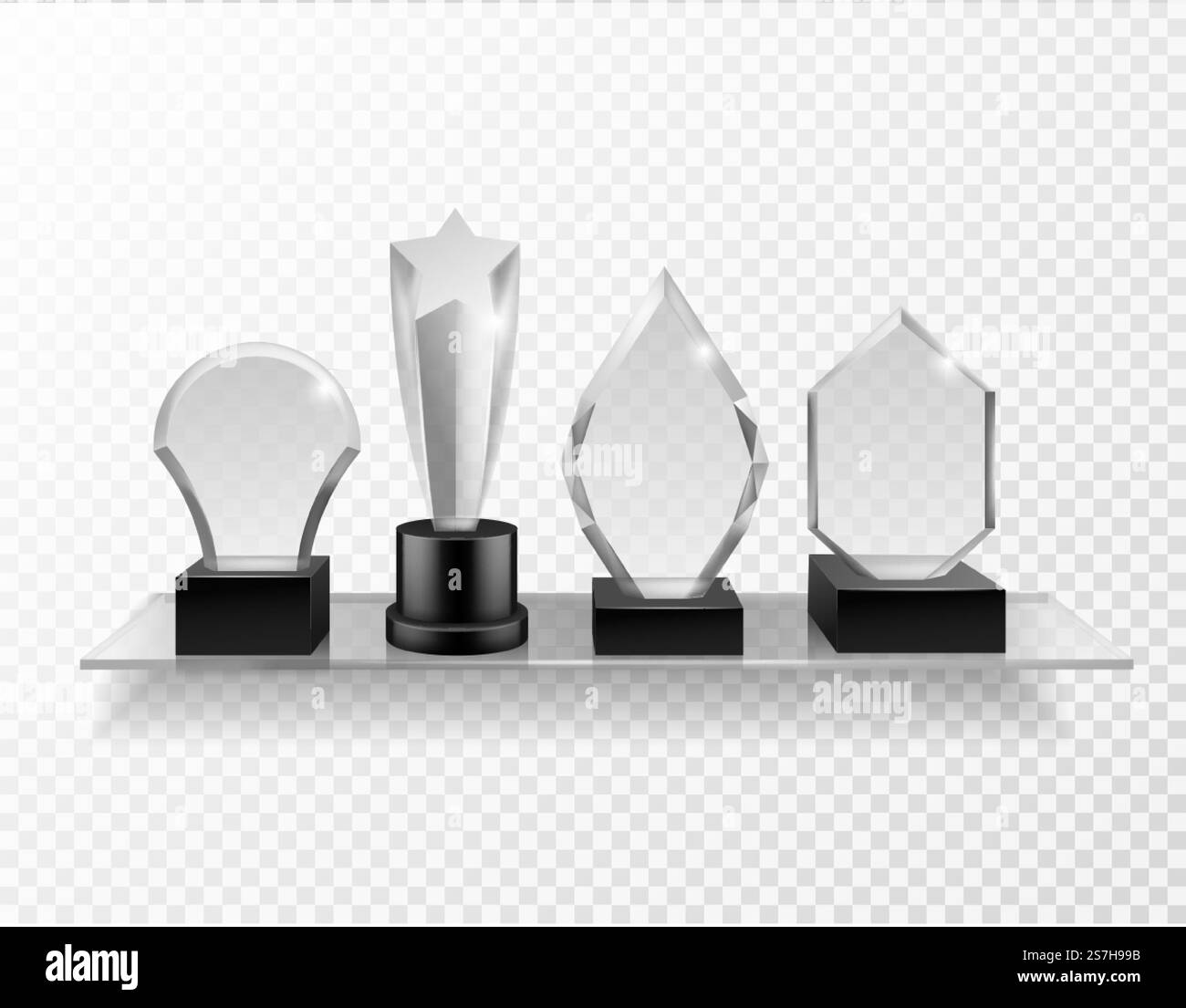 Glass award on shelf. Realistic different champion prizes on glass ...
