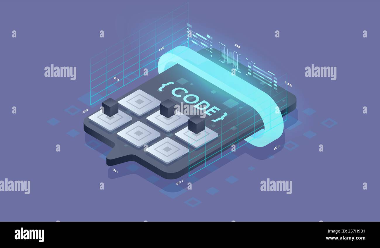 Software development, Concept of programming, data processing. Isometric vector illustration ...