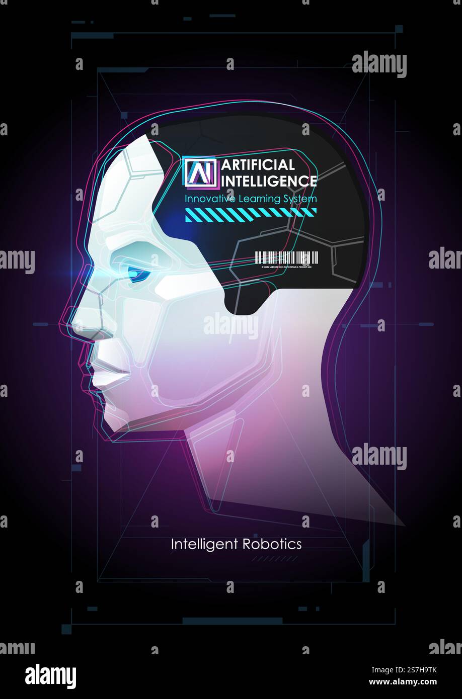 Robot with artificial intelligence working with virtual interface. Big data. AI concept. Robot ...
