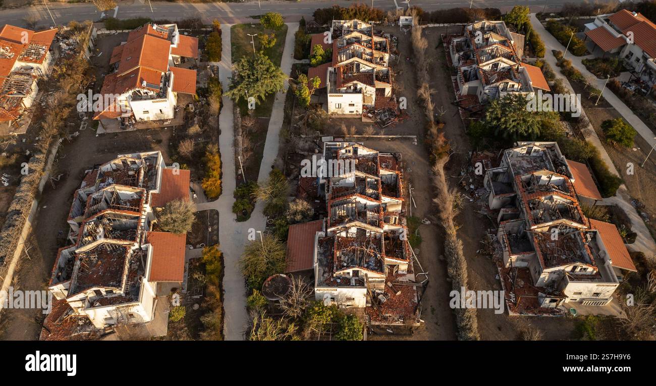 A view made by a drone shows Israeli homes total destroyed as smoke ...