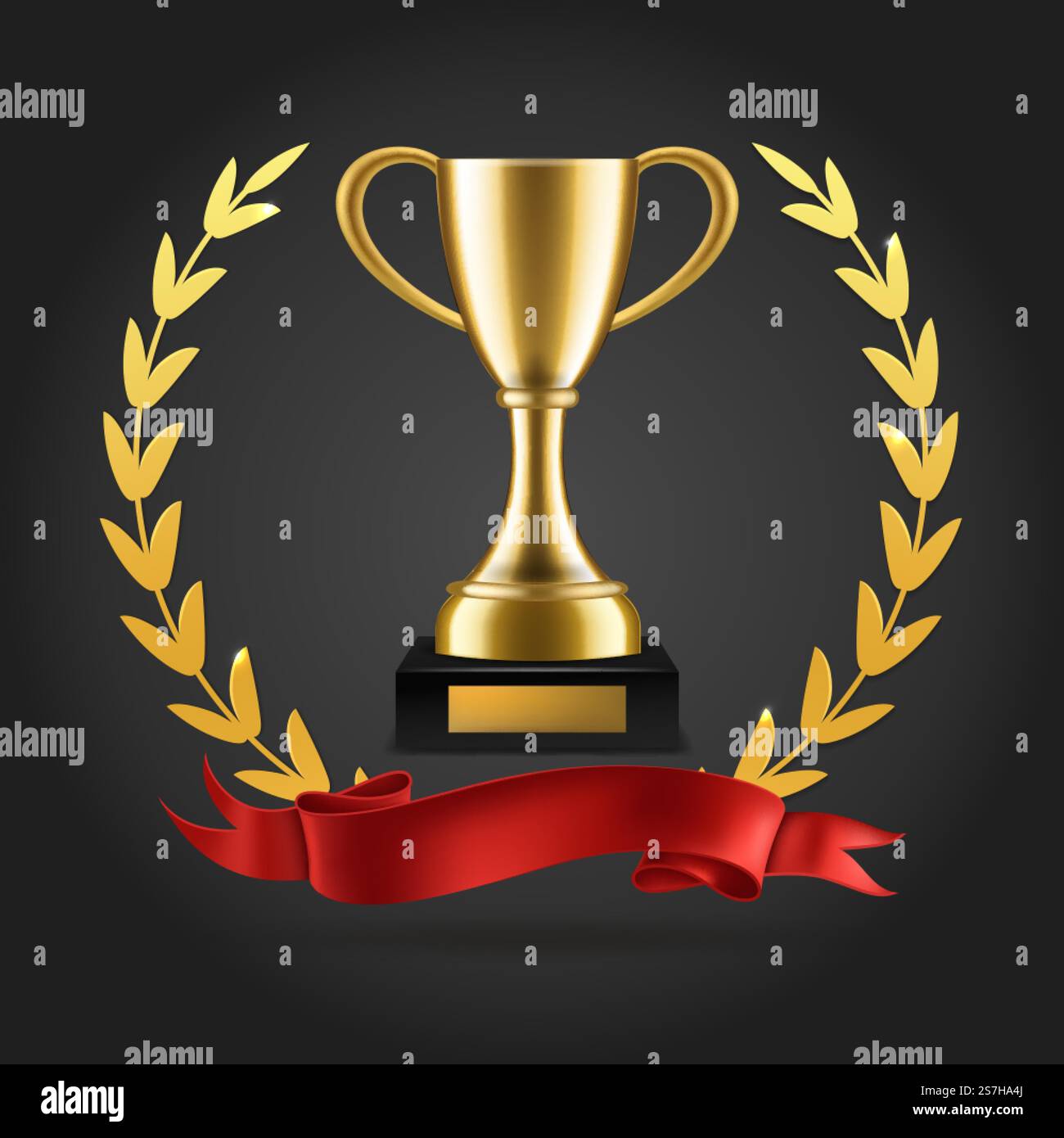 Gold laurels and trophy. Realistic winner 3d award emblem with ribbon ...
