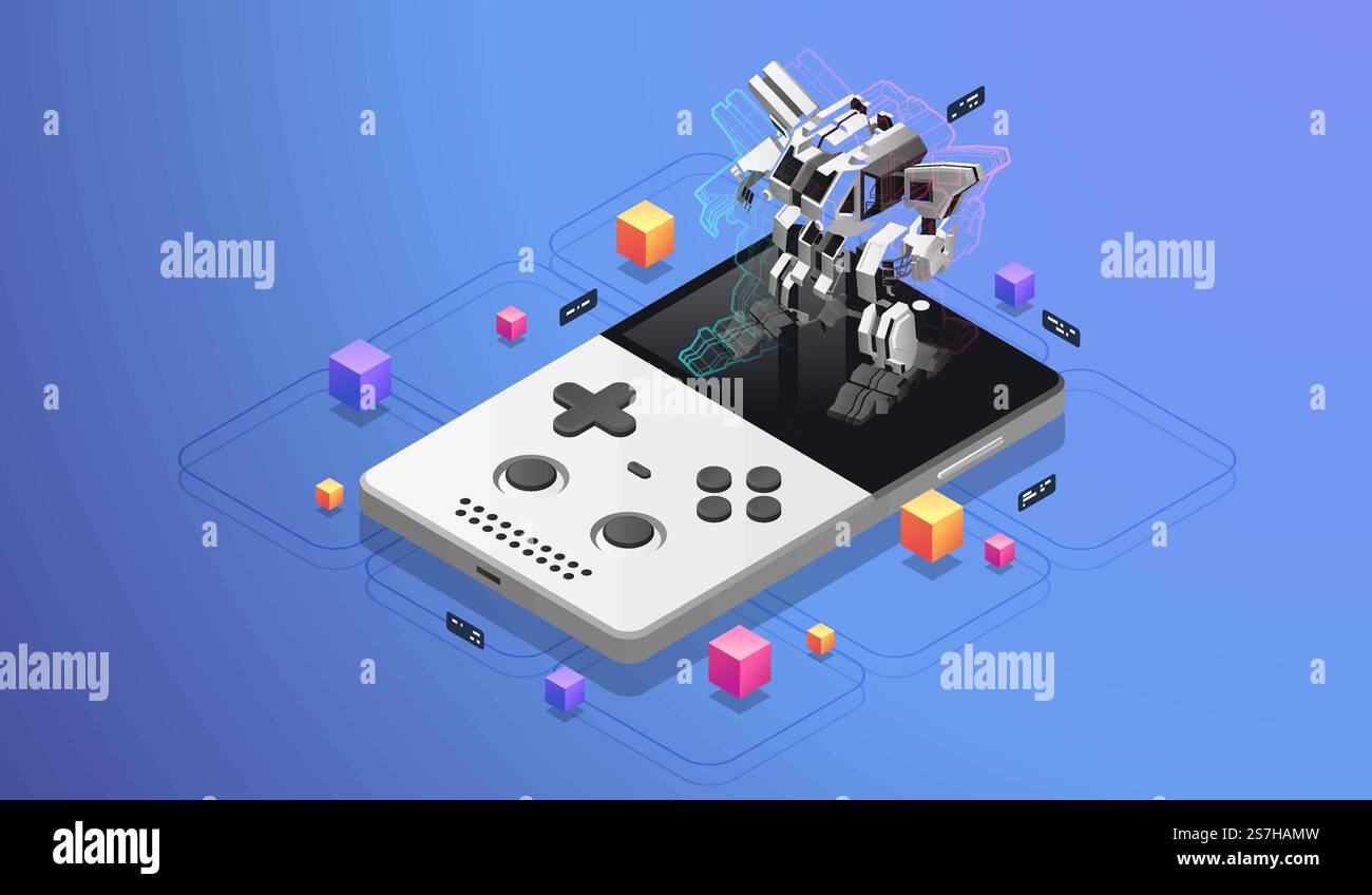 Mobile gaming. Big robot on pocket console screen. AR concept for ...
