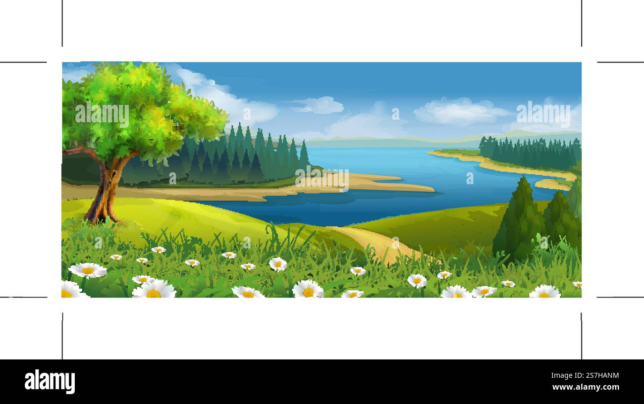 Nature landscape, stream valley, vector background Stock Vector Image ...
