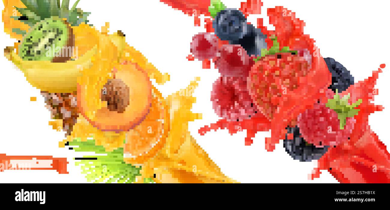 Fruit burst. Splash of juice. Sweet tropical fruits and mixed forest ...