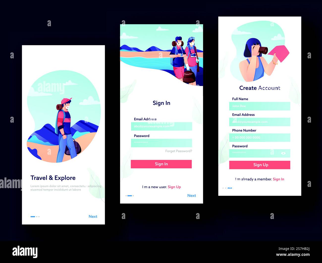 Mobile App UI, UX, GUI Set Of User Registration Travel & Explore Screen ...