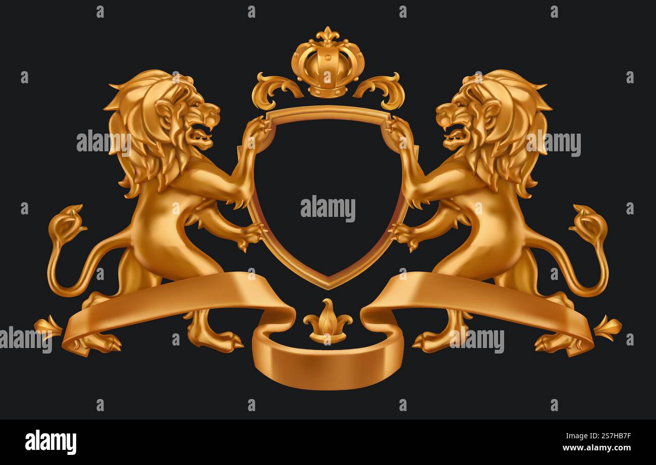 Gold coat of arms lions and crown. 3d vector illustration on black background Stock Vector Image ...