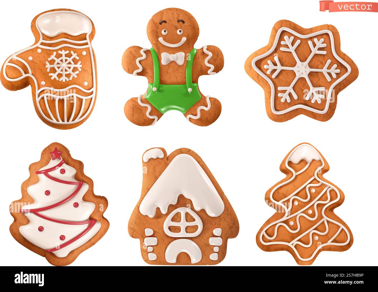 Christmas gingerbread cookies. Mitten, man, snowflake, tree, house. 3d ...