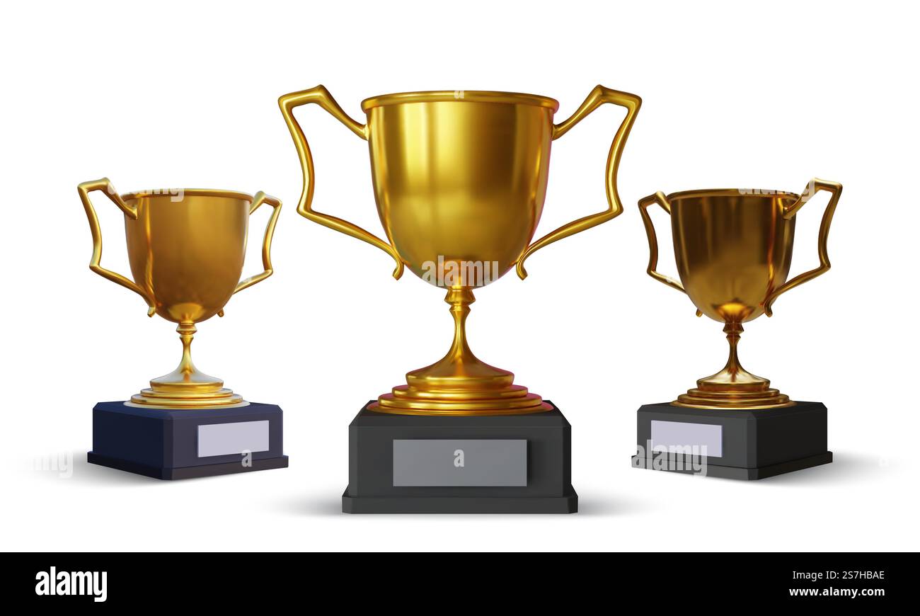 Set of gold champion cup with reflection and shadow isolated on white ...
