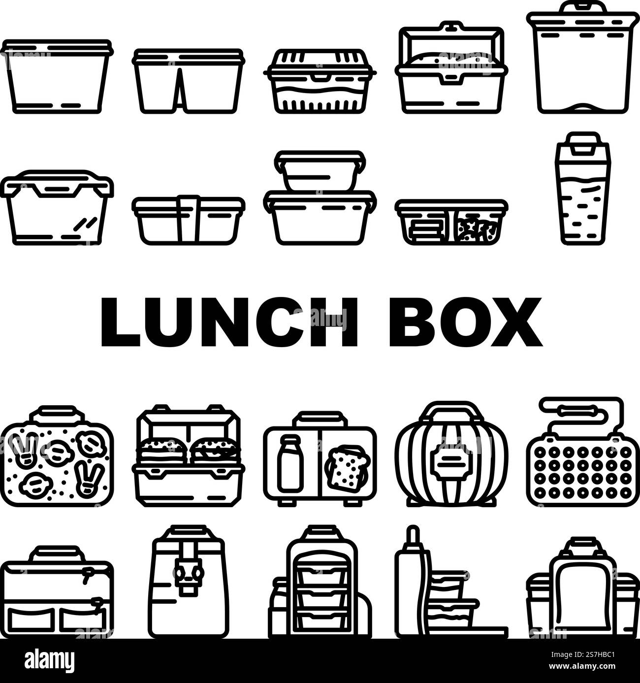 lunch school food box lunchbox icons set vector. snack meal, sandwich ...
