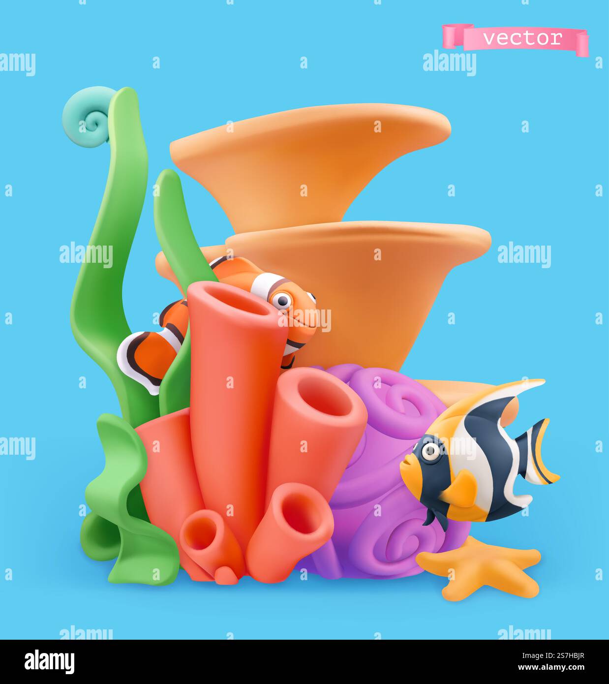 Coral reef and fish. 3d vector cartoon illustration. Plasticine art objects Stock Vector Image ...