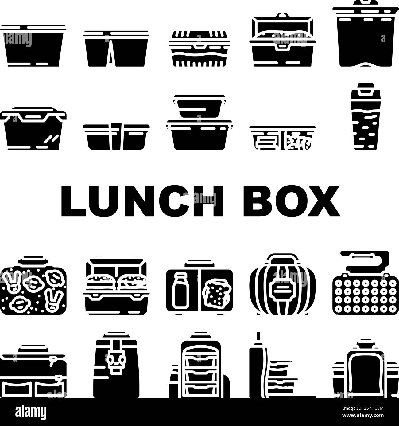 lunch school food box lunchbox icons set vector. snack meal, sandwich ...