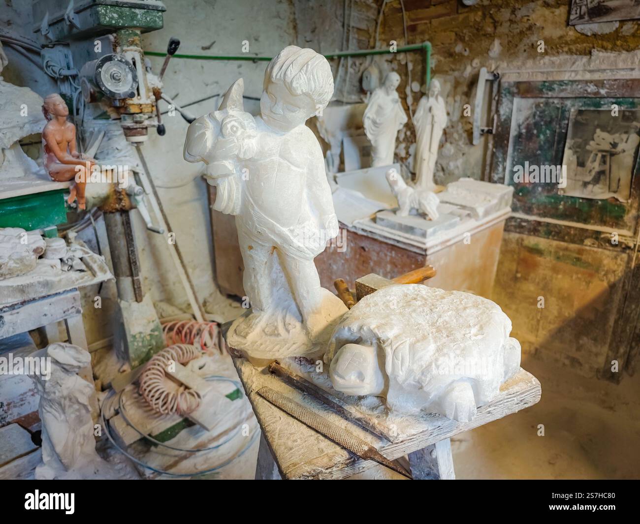 Workshop of gypsum alabaster rock in Volterra, Italy, Tuscany region ...