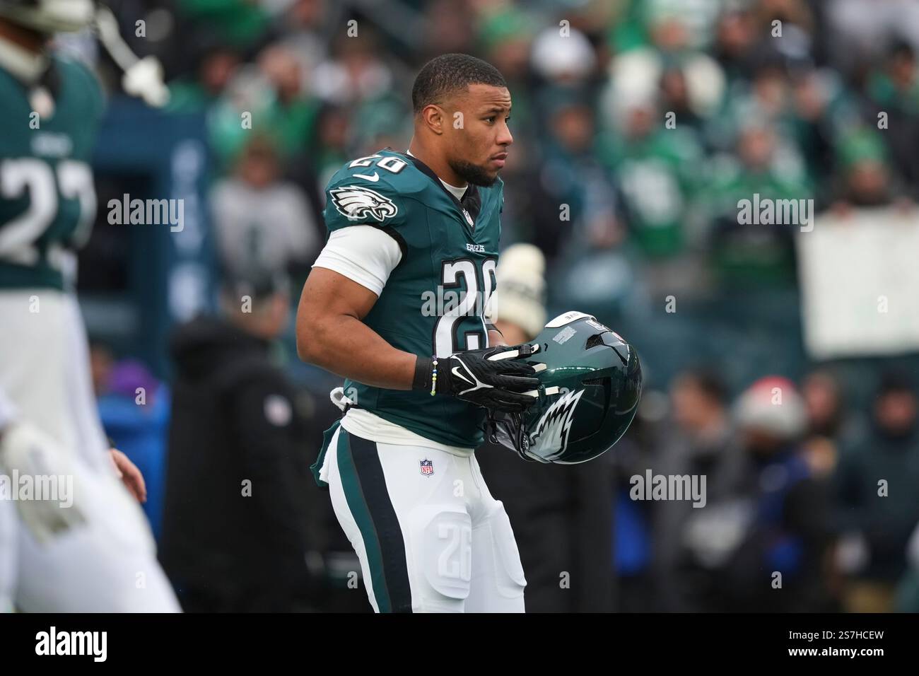 Philadelphia Eagles running back Saquon Barkley attends warm ups before ...