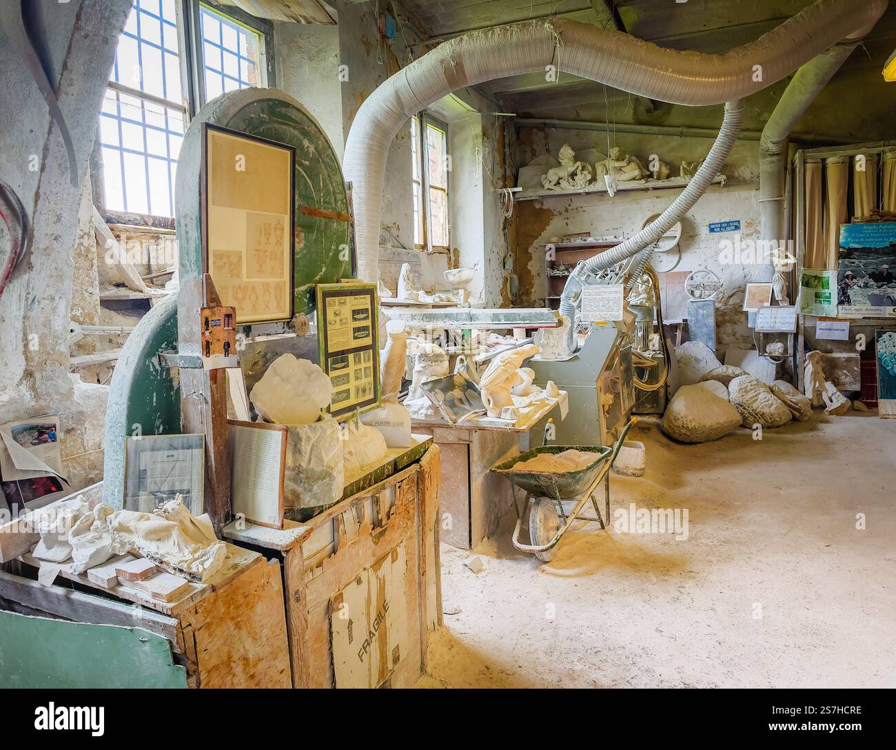 Workshop of gypsum alabaster rock in Volterra, Italy, Tuscany region. Carvings of alabaster, a ...