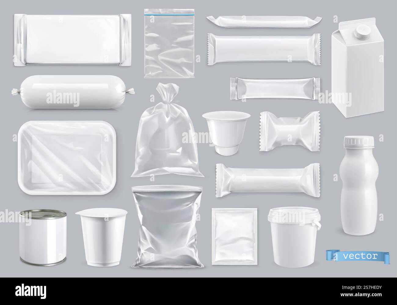 Polyethylene and polystyrene packaging for food, 3d realistic vector ...