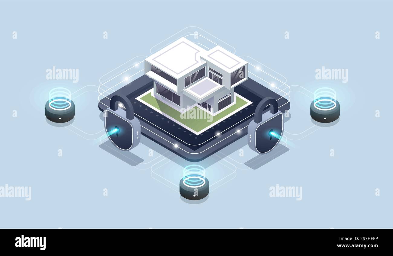 Isometric Smart home technology interface on smartphone app screen with augmented reality AR ...