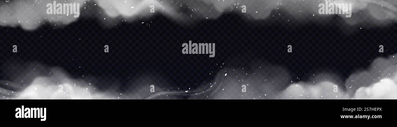 Smoke frame, horizontal border with white smog clouds and particles ...