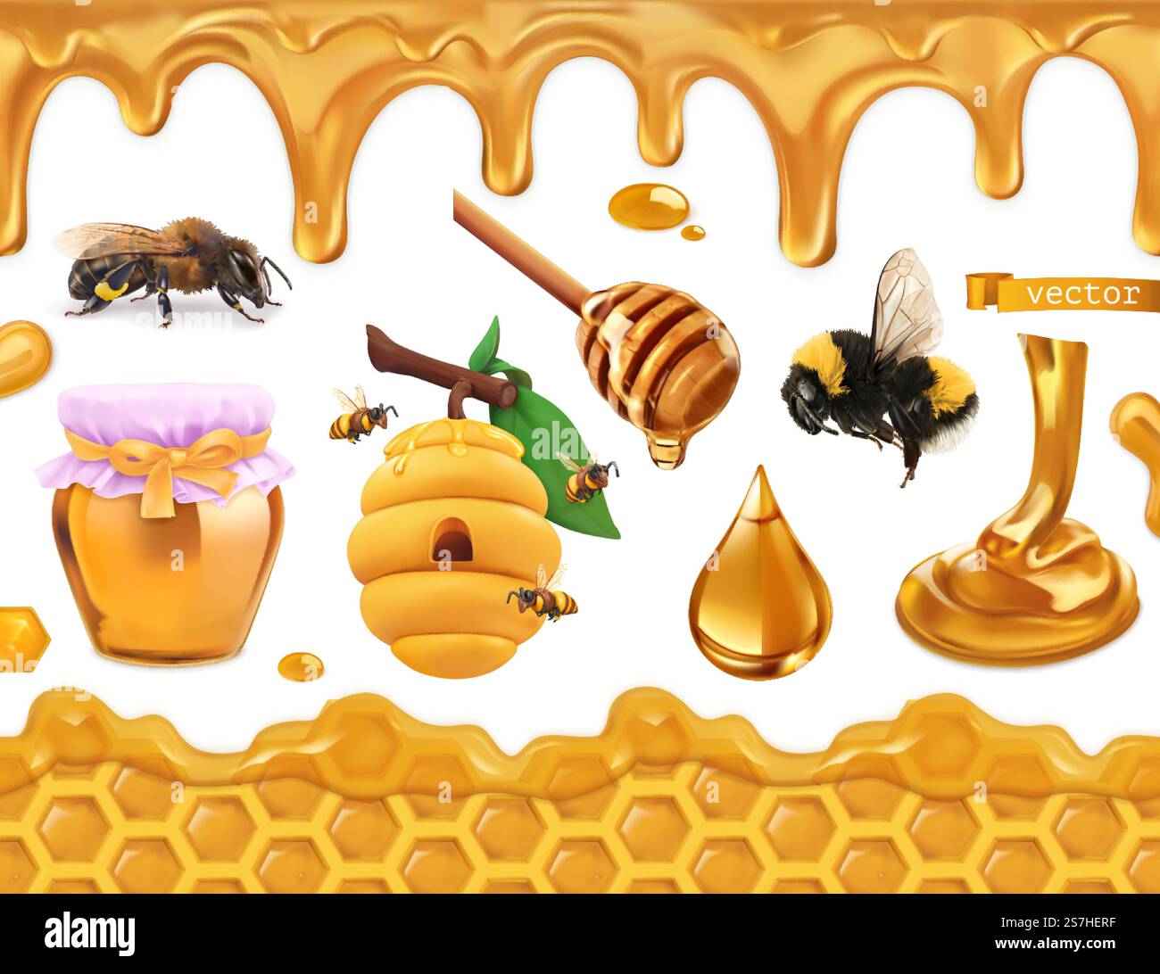 Honey 3d realistic set. Bee, beehive, honeycomb, drop, seamless pattern ...
