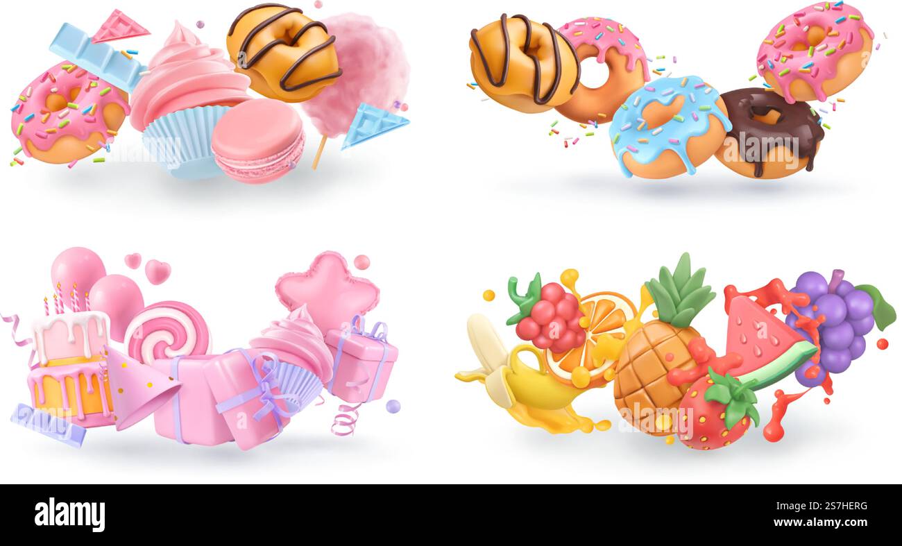 Sweet objects 3d vector cartoon. Cupcake, donuts, cake, fruits Stock ...