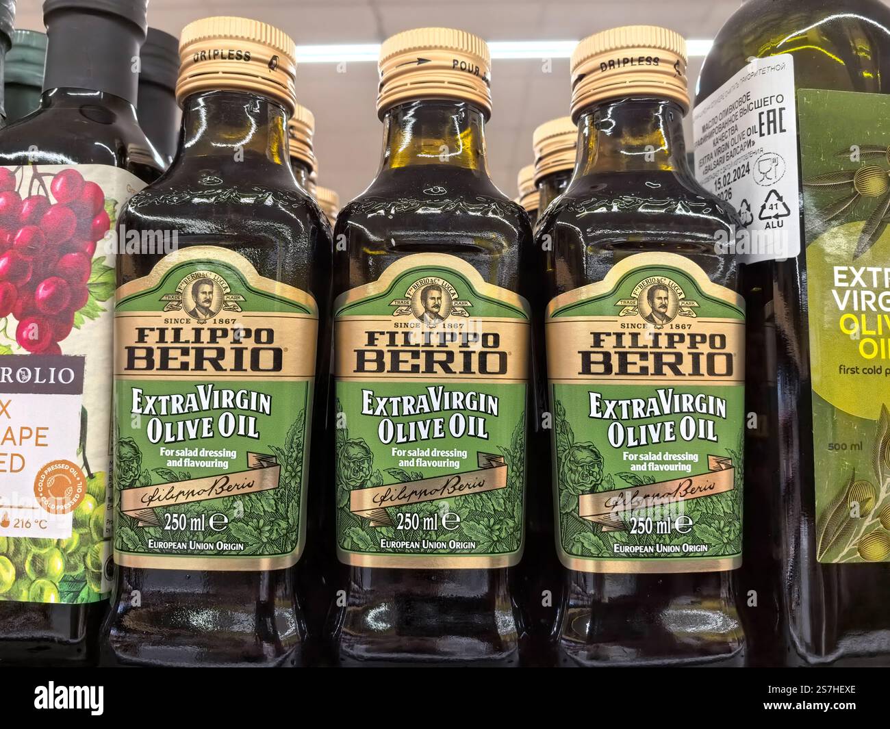 Bobruisk, Belarus - January 9 2025: Three bottles of extra virgin olive ...
