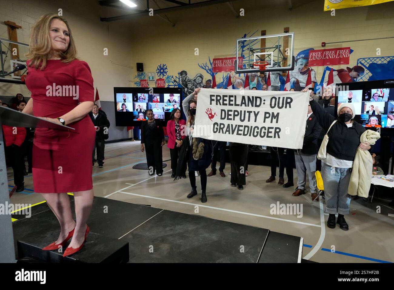 Canada's former Finance Minister Chrystia Freeland reacts as a group of ...