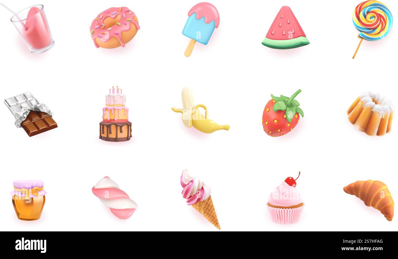 Sweet icons set. 3d realistic vector objects. Cocktail, dessert ...