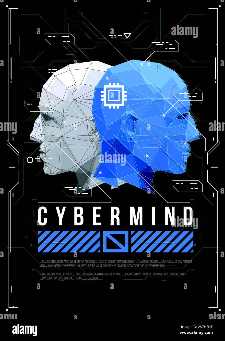 Cyber mind concept poster with low poly head. Futuristic illustration ...
