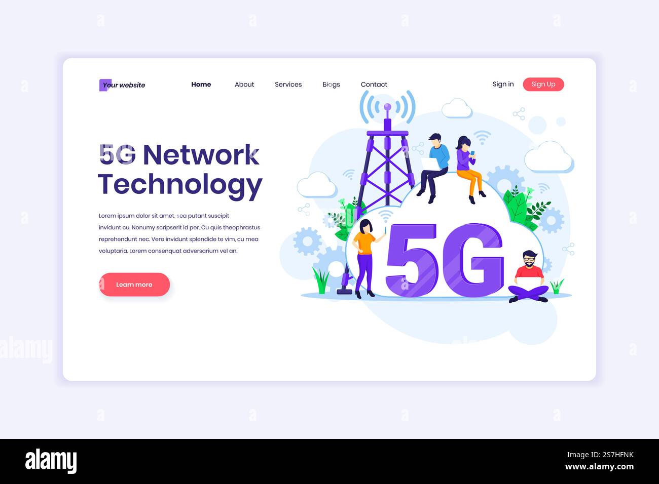 Landing page design concept of 5th Network Technology. People using High-speed wireless ...