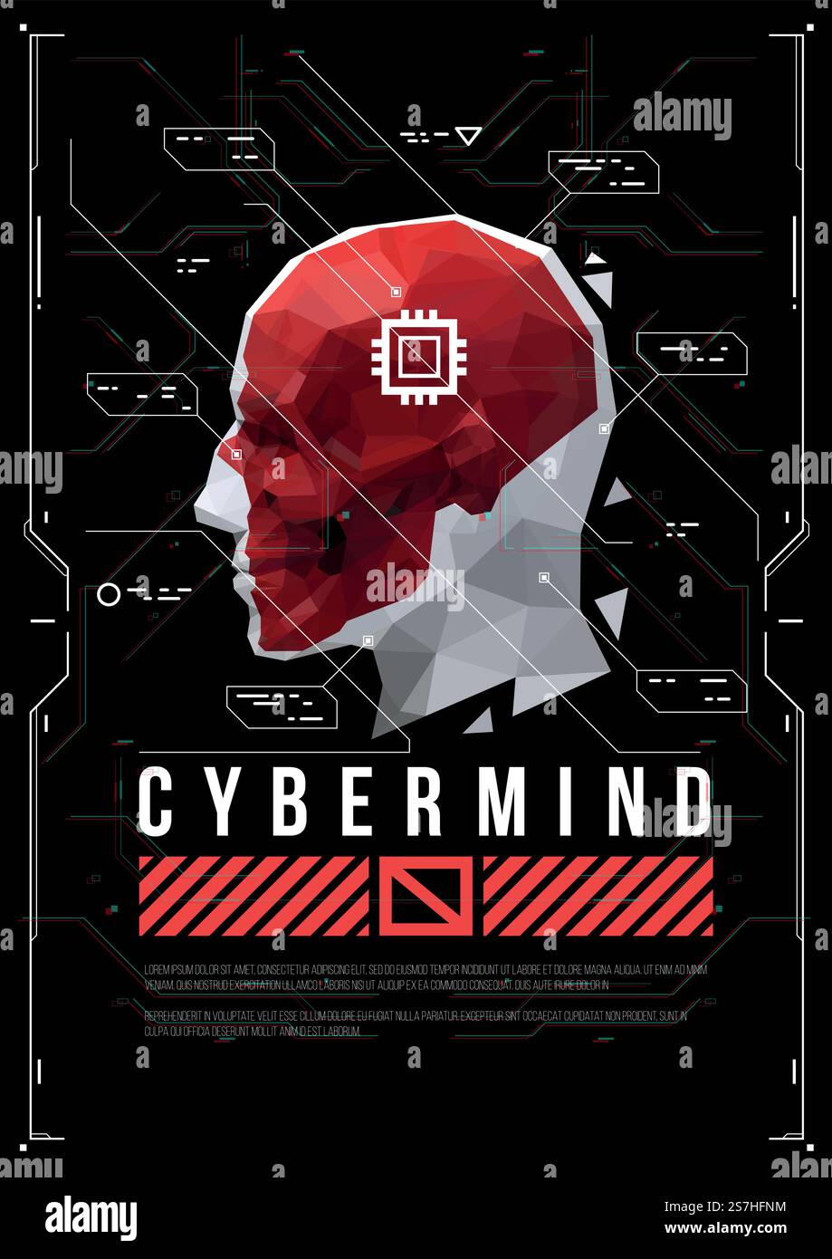 Cyber mind concept poster with low poly head. Futuristic illustration ...