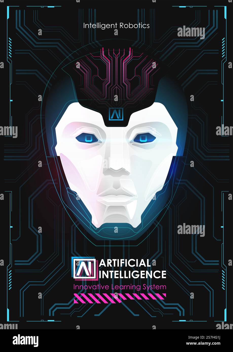 Robot with artificial intelligence working with virtual interface. Big data. AI concept. Robot ...