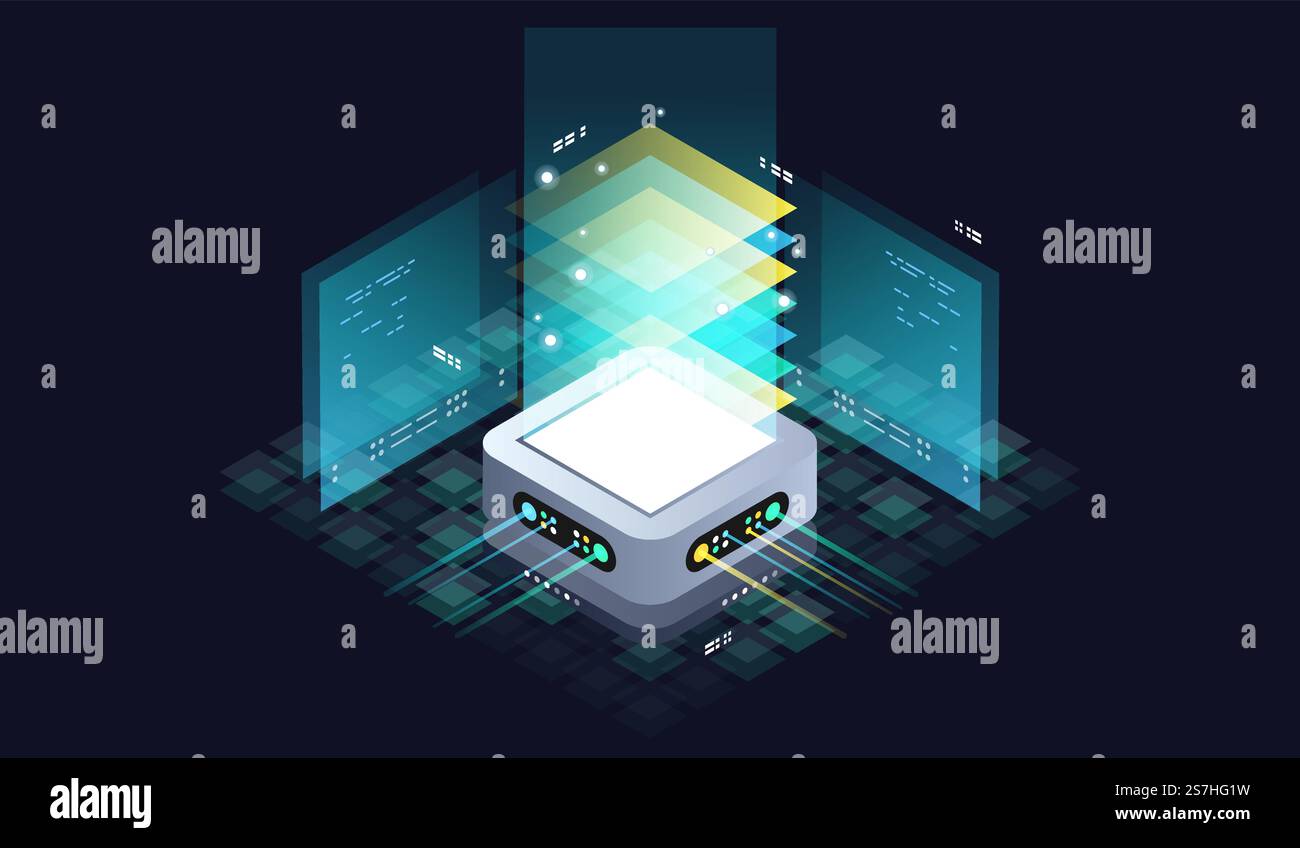 Technology isometric infographic design for quantum computer. Blockchain server concept, server ...