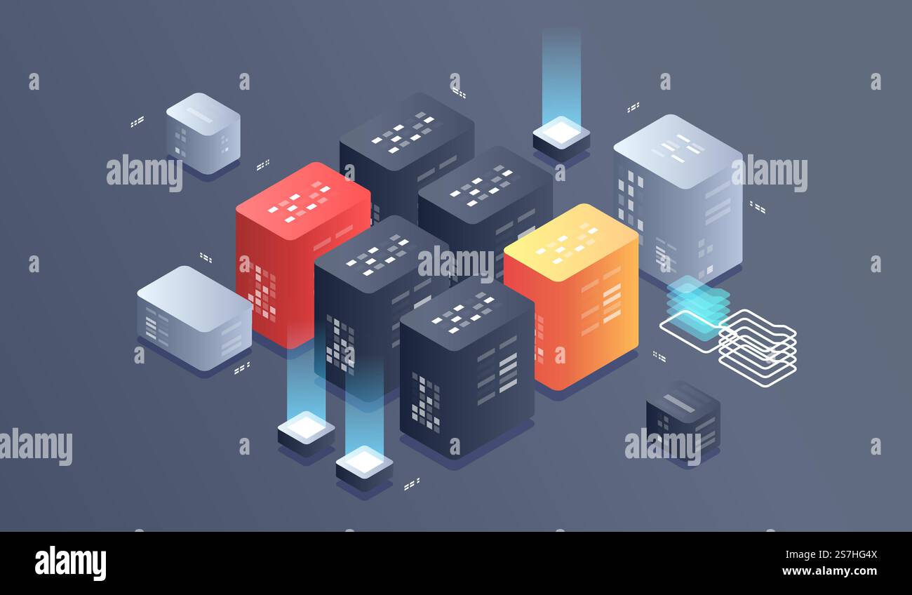 Isometric Digital Technology Web Banner. BIG DATA Machine Learning Algorithms. interacting Data ...