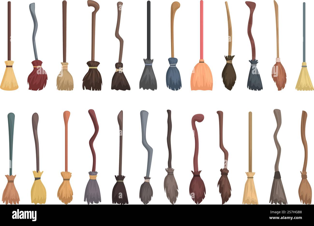 Broomstick icons set cartoon vector. Magic wizard. Wood stick ...