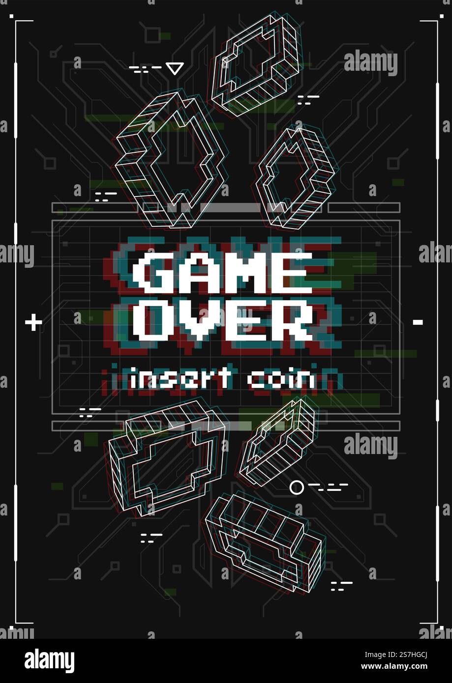 Futuristic poster with retro games elements. Game over screen with ...