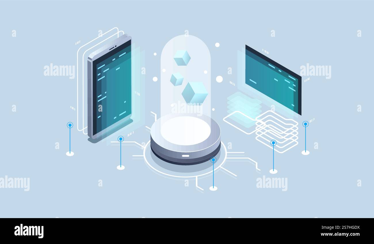 big data processing, data center warehouse, data science, server room. Tech visualization ...